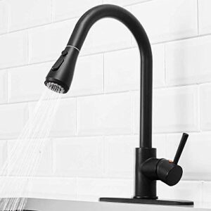 Kitchen Sink Faucet with Pull down Sprayer Matte Black, Single Handle High Arc Pull out Kitchen Faucets, Single Level Solid Brass Bar Kitchen Faucet with Deck Plate