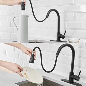 Kitchen Sink Faucet with Pull down Sprayer Matte Black, Single Handle High Arc Pull out Kitchen Faucets, Single Level Solid Brass Bar Kitchen Faucet with Deck Plate