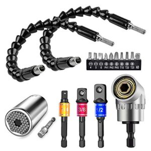 universal socket wrench tool and flexible drill bit extension set, bendable drill bit extension, 1/4 3/8 1/2" universal socket adapter set, 105° right angle drill extension, screwdriver bit kit