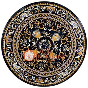 black 49" marble dining round table top pietra dura italian inlay hallway furniture decor