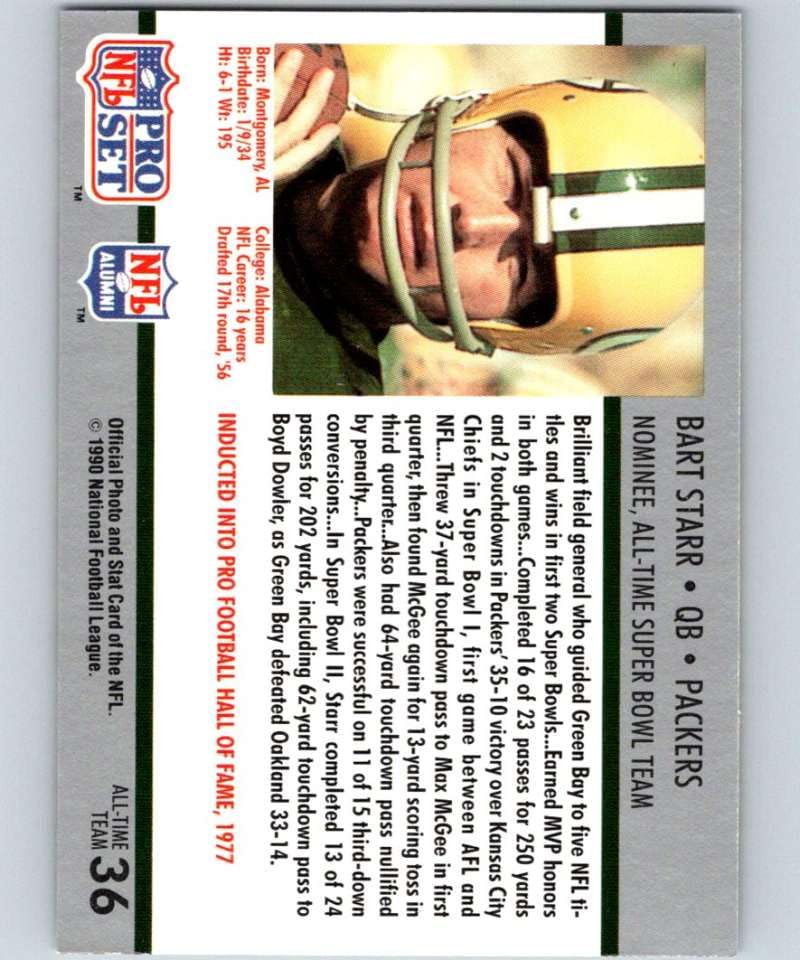 1990 Pro Set NFL Football Super Bowl 160#36 Bart Starr Green Bay Packers Official Trading Card of the National Football League