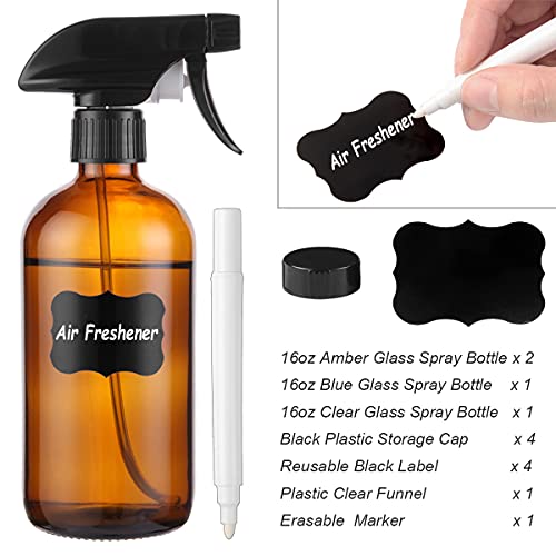 Empty Glass Spray Bottles 16oz for Cleaning, Plants, Pets, Essential Oils, Air Freshener, Durable Black Trigger Sprayer with Stream and Mist Settings (Amber, 16oz(Pack of 4))