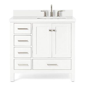 ariel 37" white bathroom vanity with 1.5" edge pure white quartz countertop & backsplash, right rectangular sink, 2 soft closing doors, 5 full extension dovetail drawers, brushed nickel