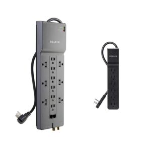 belkin 12-outlet power strip surge protector, flat plug, 10ft cord (4156 joules), gray & 6-outlet power strip surge protector, flat rotating plug, 6ft cord (600 joules)