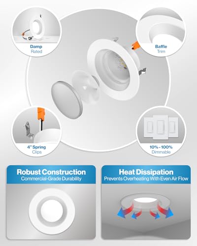 Sunco 4 Pack Retrofit LED Recessed Lighting 4 Inch, 3000K Warm White, Dimmable Can Lights, Baffle Trim, 11W=60W, 660LM, Damp Rated - ETL