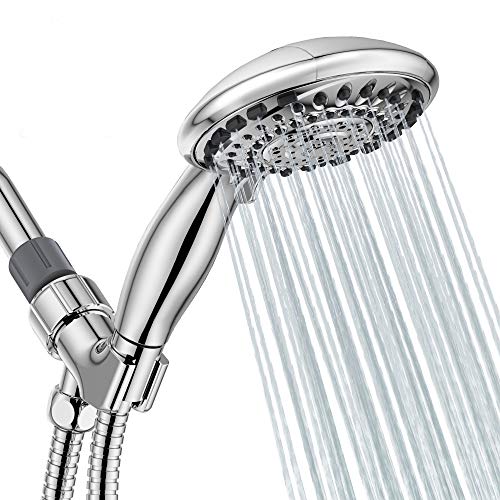 High Pressure 5-Setting Giant 5" Chrome Face Handheld Shower Head, Hand Held Showerhead for the Ultimate Shower Experience, with Extra Long 5 Foot Stainless Steel Hose, Anti Clog Jets