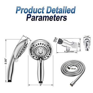 High Pressure 5-Setting Giant 5" Chrome Face Handheld Shower Head, Hand Held Showerhead for the Ultimate Shower Experience, with Extra Long 5 Foot Stainless Steel Hose, Anti Clog Jets