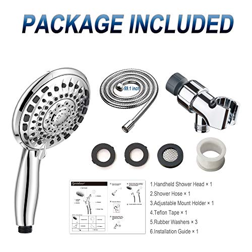 High Pressure 5-Setting Giant 5" Chrome Face Handheld Shower Head, Hand Held Showerhead for the Ultimate Shower Experience, with Extra Long 5 Foot Stainless Steel Hose, Anti Clog Jets