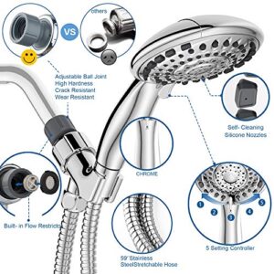 High Pressure 5-Setting Giant 5" Chrome Face Handheld Shower Head, Hand Held Showerhead for the Ultimate Shower Experience, with Extra Long 5 Foot Stainless Steel Hose, Anti Clog Jets