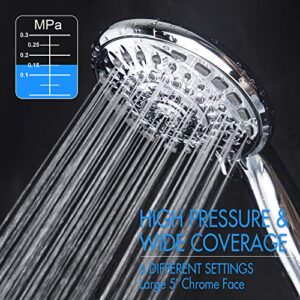 High Pressure 5-Setting Giant 5" Chrome Face Handheld Shower Head, Hand Held Showerhead for the Ultimate Shower Experience, with Extra Long 5 Foot Stainless Steel Hose, Anti Clog Jets