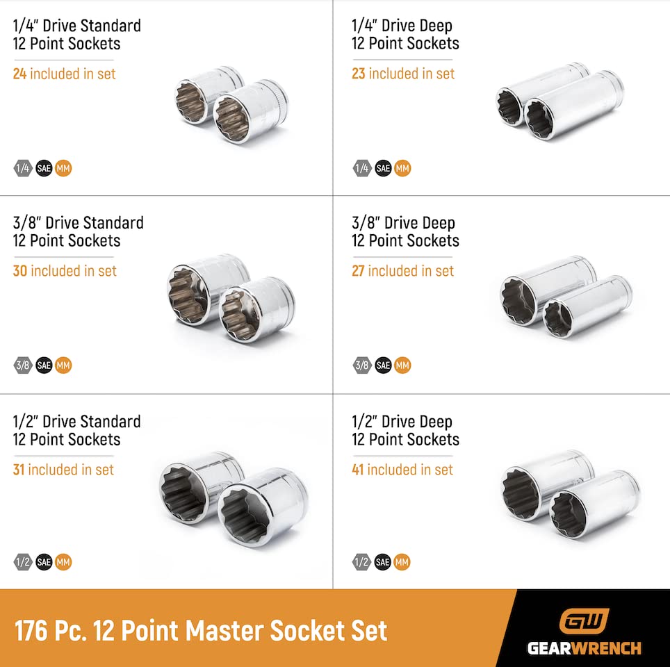 GEARWRENCH 176 Piece, 12 Point Master Socket Set - 89074