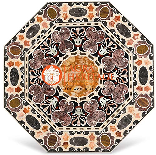 Marble Black Center 42.5" Inches Dining Table Top Pietra Dura Inlay Stone Hallway Decor