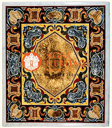 White Marble Customized Dining Table Top Pietra Dura Hard Stone Inlay Design Furnture Decor | 40"x28" Inches