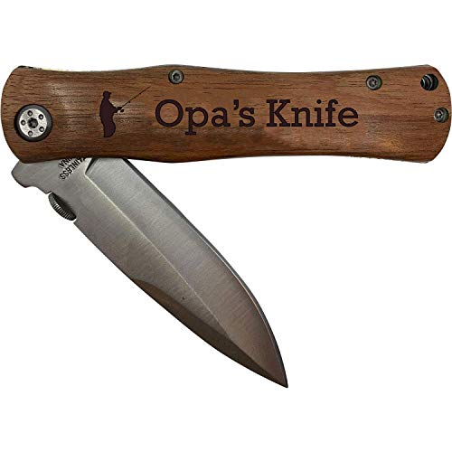 CustomGiftsNow Opa's Fishing Folding Wood Pocket Knife with Pocket Clip