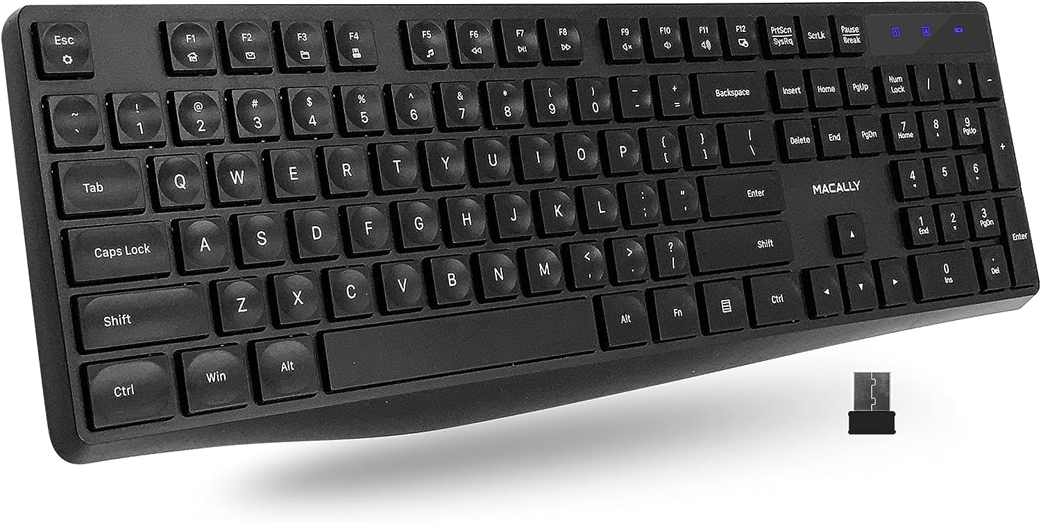 Macally Wireless Keyboard - 2.4G Ergonomic Full-Size Computer Keyboard Wireless with Numeric Keypad and 13 Shortcut Keys - External Keyboard for Laptop, Windows Desktop PC, or Chromebook with USB Port