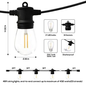 SUNTHIN Outdoor String Lights,48ft Patio Lights with Bright 2W Dimmable Shatterproof Weatherproof Clear Plastic LED Bulbs Outside Hanging Lighting Decoration for Backyard,Porch,Bistro,Cafe,Garden