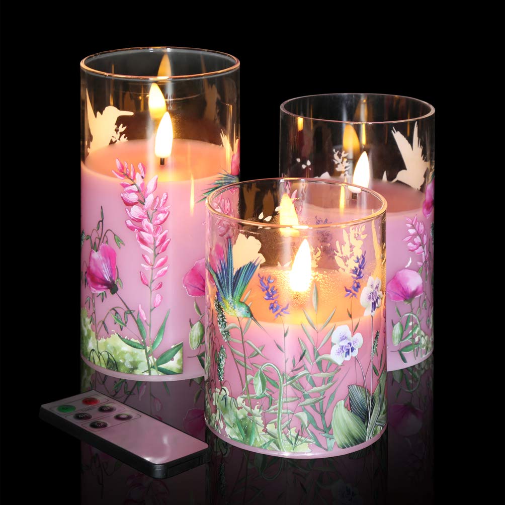 Eywamage Pink Hummingbird Floral Glass Flameless Candles with Remote, Real Wax Flickering Battery LED Pillar Candles Set of 3