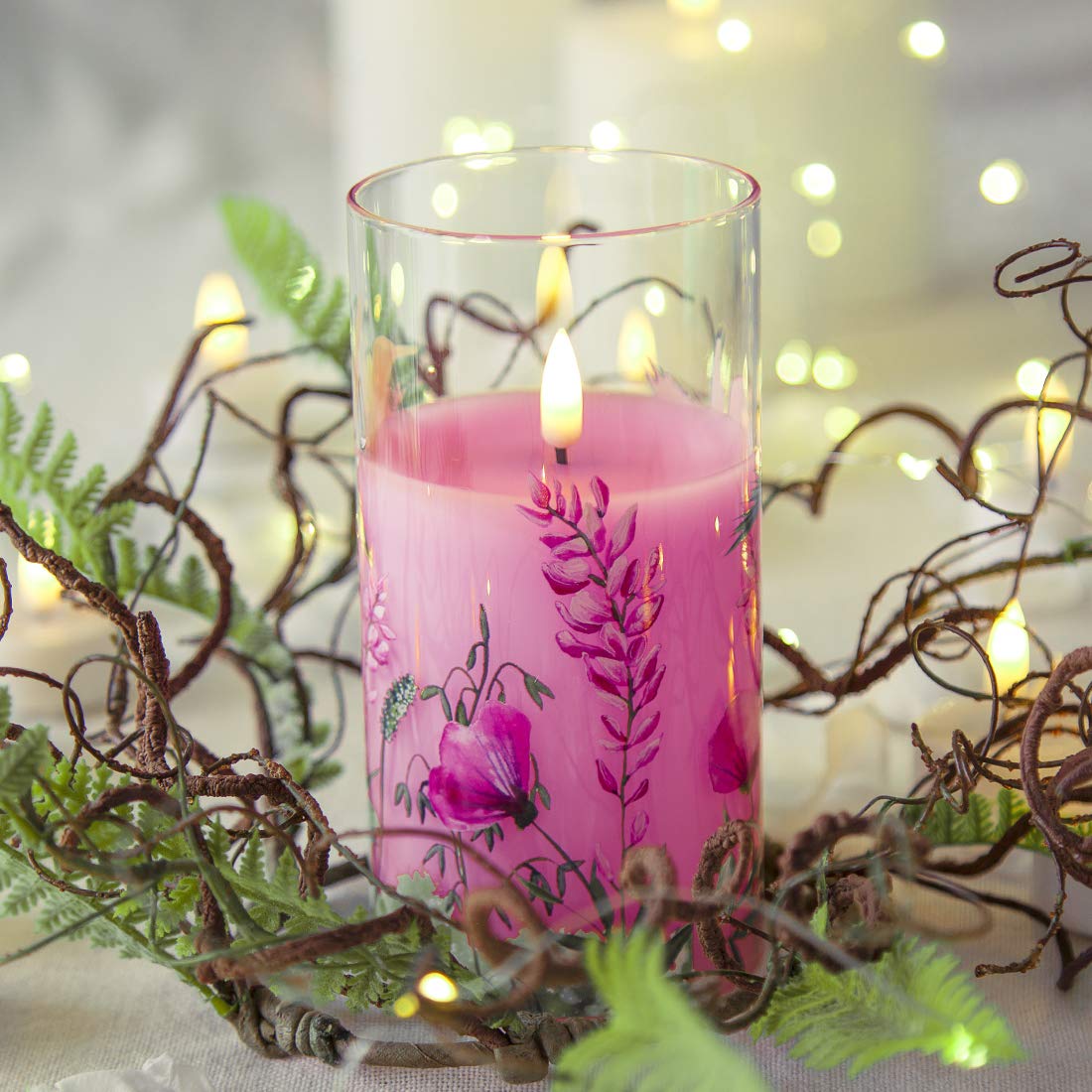 Eywamage Pink Hummingbird Floral Glass Flameless Candles with Remote, Real Wax Flickering Battery LED Pillar Candles Set of 3