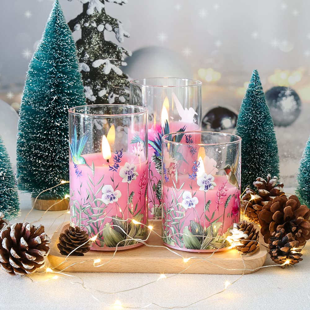 Eywamage Pink Hummingbird Floral Glass Flameless Candles with Remote, Real Wax Flickering Battery LED Pillar Candles Set of 3