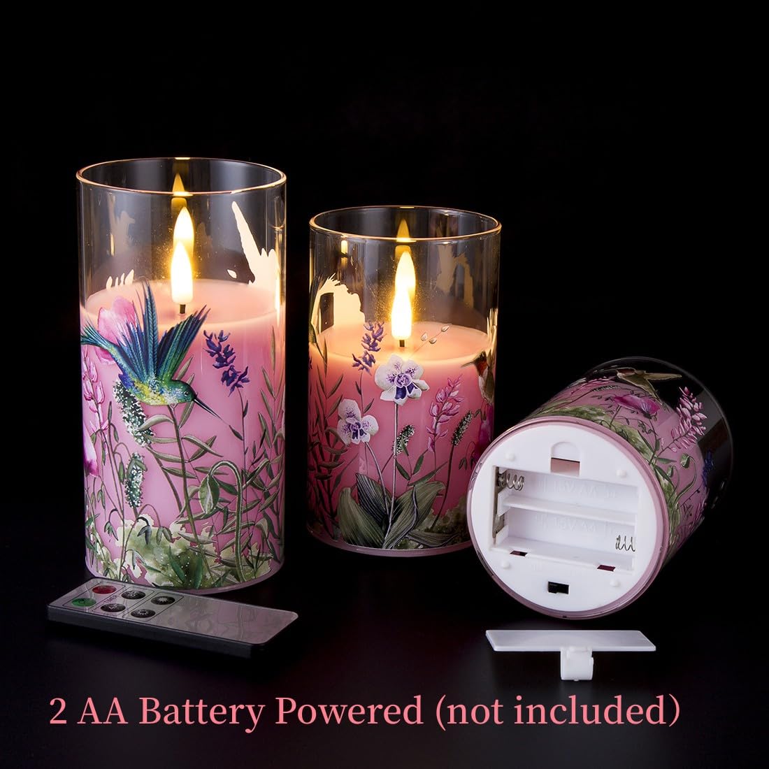 Eywamage Pink Hummingbird Floral Glass Flameless Candles with Remote, Real Wax Flickering Battery LED Pillar Candles Set of 3