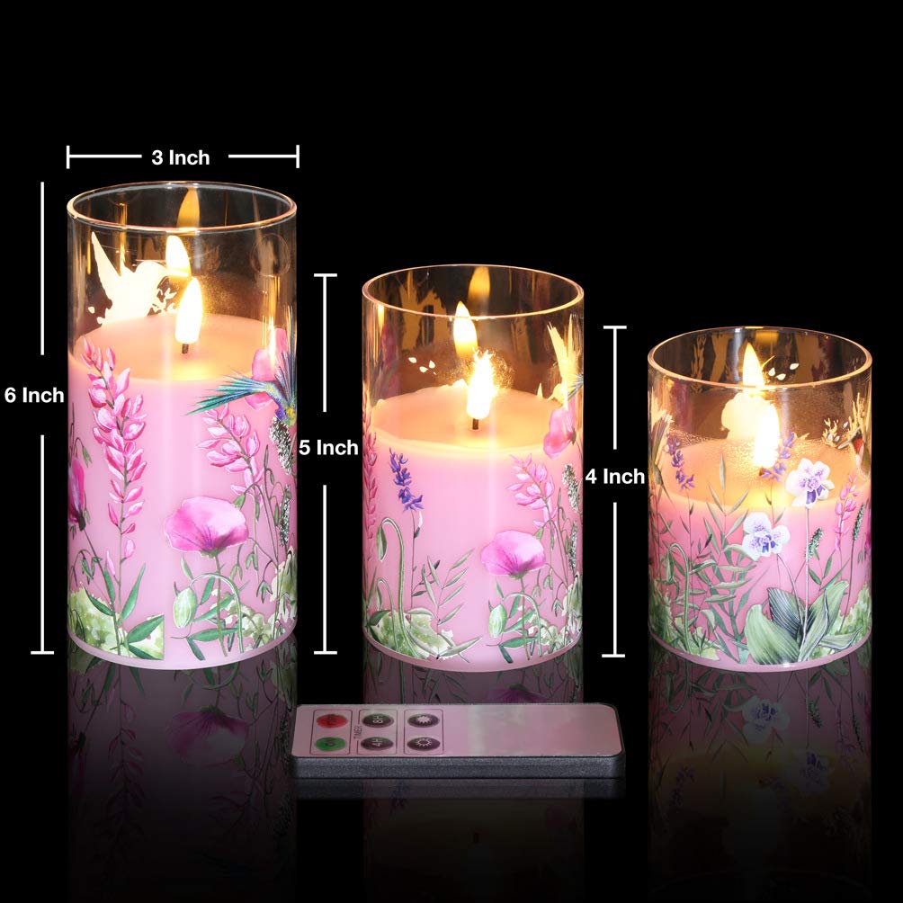 Eywamage Pink Hummingbird Floral Glass Flameless Candles with Remote, Real Wax Flickering Battery LED Pillar Candles Set of 3