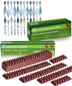 de-bird bundle includes: defender spikes 12 pk & bird scare rods 12pk, outdoor pest defenders to keep off pigeon, woodpecker & squirrels.