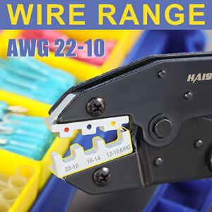 haisstronica Crimping Tool For Heat Shrink Connectors-AWG 22-10 Ratchet Wire Terminal Crimper-Ratcheting Crimper Tools-Available For Insulated Nylon Connectors and Electrical Wire Connectors HS-8327