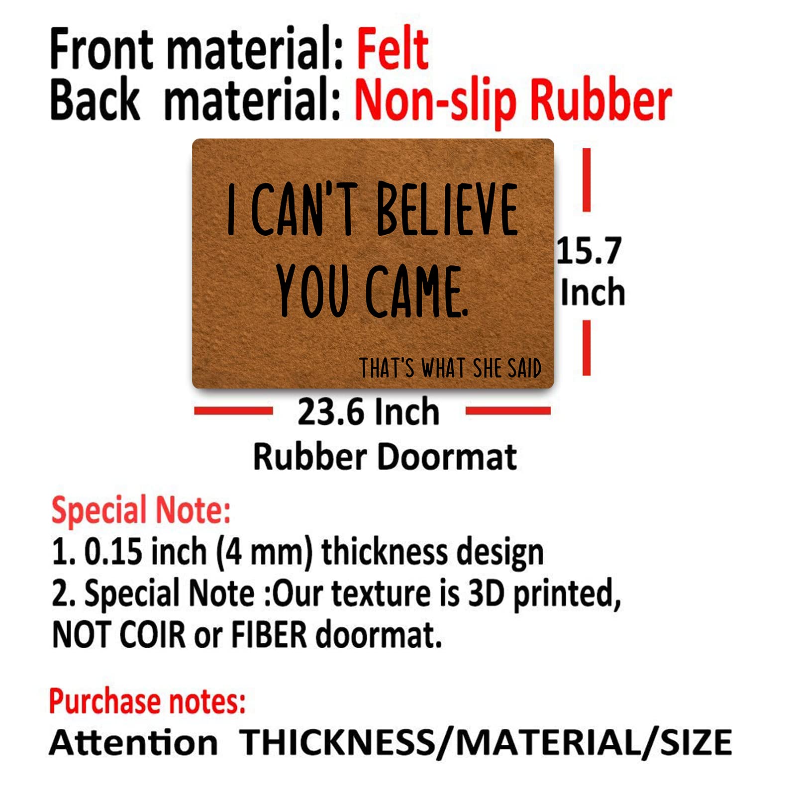 IFHUH I Can't Believe You Came That's What She Said Doormat Front Door Mat Rubber Non Slip Backing Funny Doormat Indoor Outdoor Rug 23.6 in(W) X 15.7 in(L)