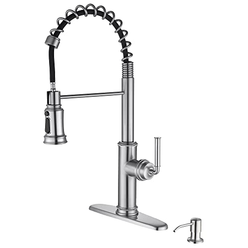 RKF Commercial Kitchen Faucet with Pull Down Spray Head,Single Lever Handle Pull Down Sprayer Kitchen Faucet with Deck Plate and Soap Dispenser,Brushed Nickel,PD05T-32/BN