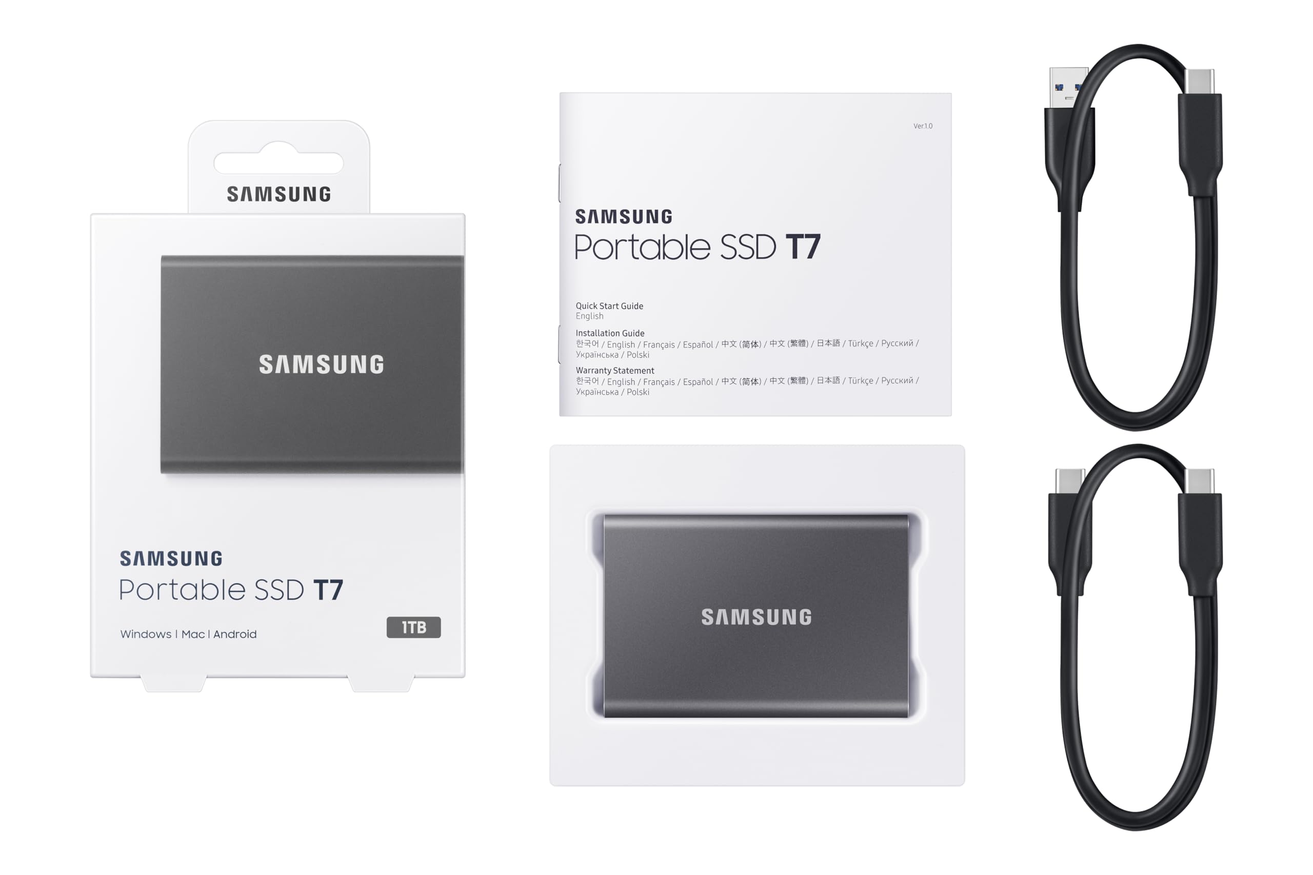 SAMSUNG SSD T7 Portable External Solid State Drive 1TB, Up to USB 3.2 Gen 2, Reliable Storage for Gaming, Students, Professionals, MU-PC1T0T/AM, Gray