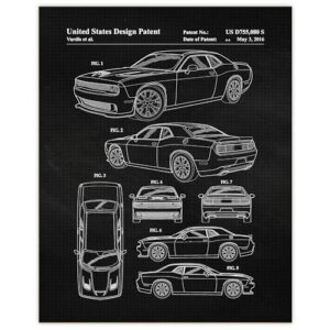 vintage dodge challenger hellcat auto patent prints, 1 (11x14) unframed photos, wall art decor gifts under 20 for home office man cave engine garage shop school student teacher coach mopar sports cars