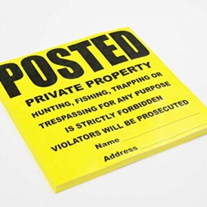 WristCo Posted Sign Yellow Private Property for outdoors - 11" x 11" 100 per Pack weatherproof tear-resistant Tyvek high visibility for warning no trespassing hunting fishing trapping