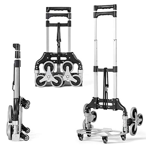 Goplus Stair Climbing Cart, Portable Folding Aluminium Hand Truck Trolley Cart w/Bungee Cord, 6 Wheels, 180 lbs Capacity, Telescoping Handle, All Terrain Stair Climber Dolly for Luggage, Heavy Duty