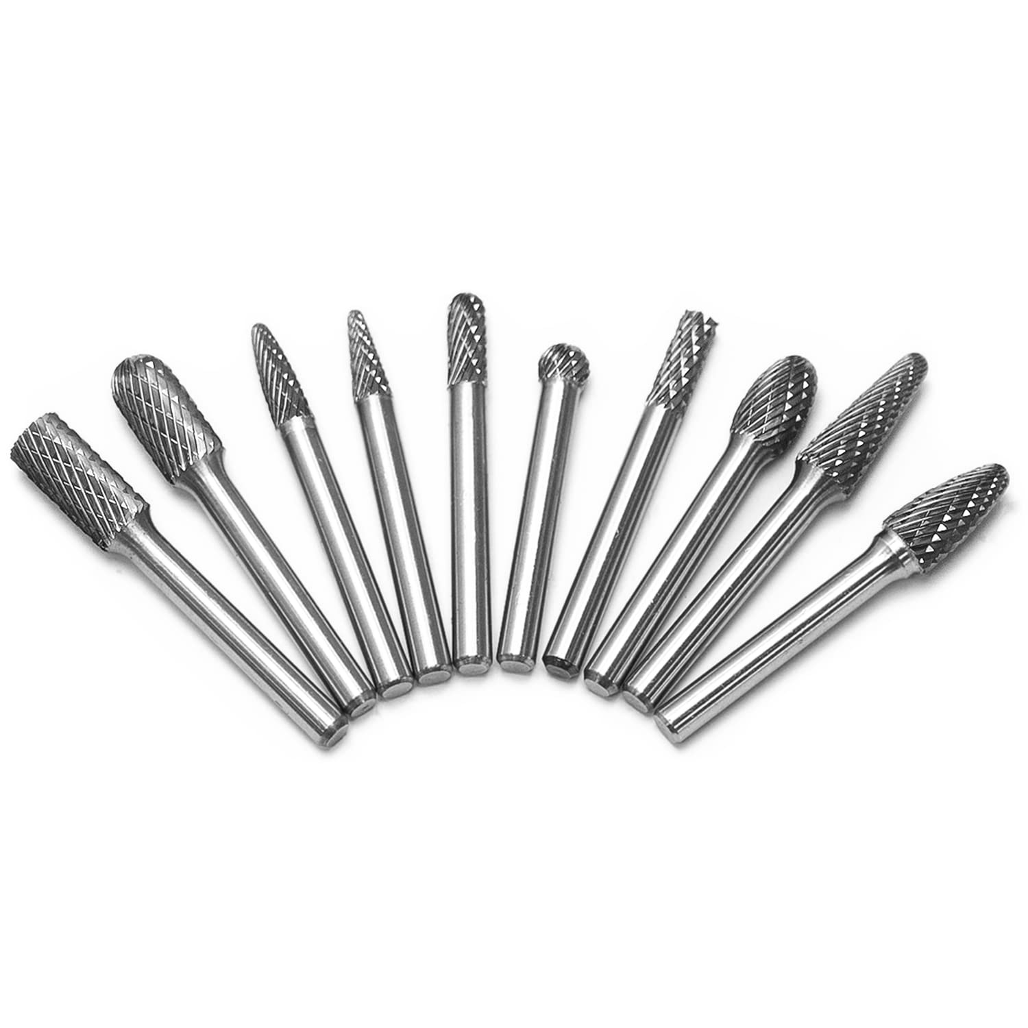 Carbide Burrs Set with 1/4''Shank Double Cut Solid Power Tools Tungsten Carbide Rotary Files Bits for Die Grinder Metal Wood Carving Engraving Polishing Drilling Grinding Milling Cutting 10pcs