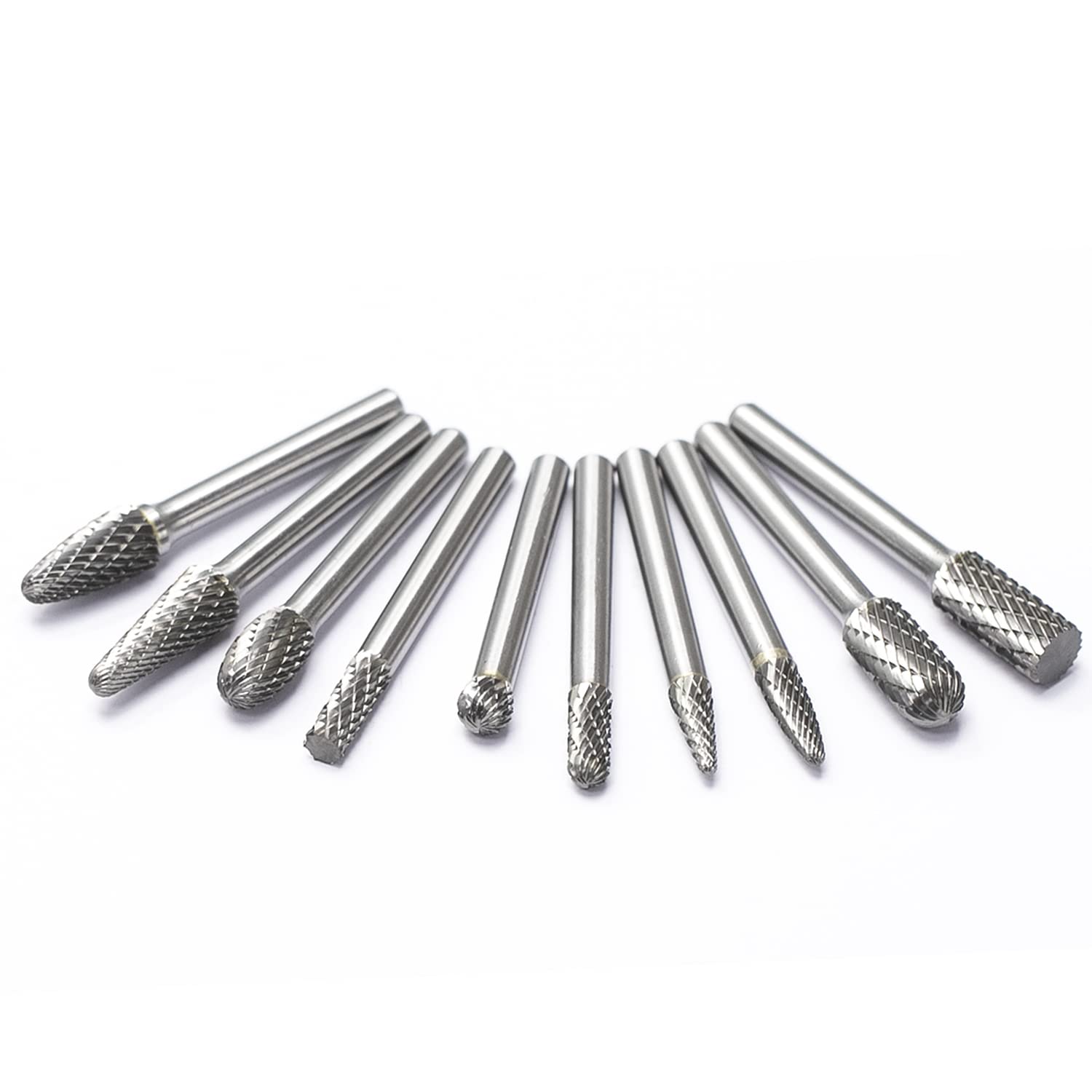 Carbide Burrs Set with 1/4''Shank Double Cut Solid Power Tools Tungsten Carbide Rotary Files Bits for Die Grinder Metal Wood Carving Engraving Polishing Drilling Grinding Milling Cutting 10pcs