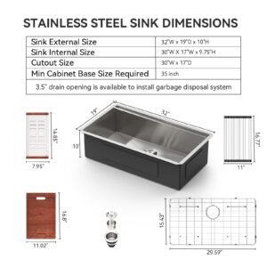 32 Inch Undermount Kitchen Sink - Lordear 32x19 Inch Stainless Steel Kitchen Sinks Workstation 16 Gauge Single Bowl Undermount Kitchen Sinks with Cutting Board