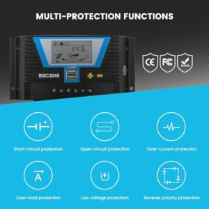 PowMr 30A PWM Solar Controller, 12V 24V 36V 48V Auto with LCD Display, Dual USB Output Charge Controller for AGM, Gel, Flooded, Lead-Acid and Lithium Battery