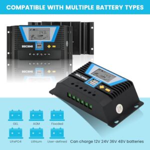 PowMr 30A PWM Solar Controller, 12V 24V 36V 48V Auto with LCD Display, Dual USB Output Charge Controller for AGM, Gel, Flooded, Lead-Acid and Lithium Battery