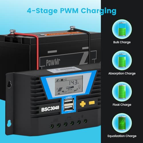 PowMr 30A PWM Solar Controller, 12V 24V 36V 48V Auto with LCD Display, Dual USB Output Charge Controller for AGM, Gel, Flooded, Lead-Acid and Lithium Battery