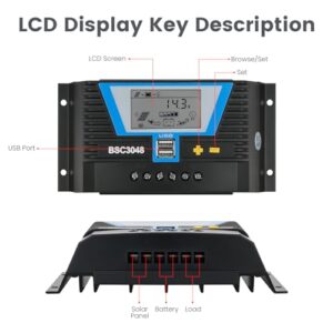 PowMr 30A PWM Solar Controller, 12V 24V 36V 48V Auto with LCD Display, Dual USB Output Charge Controller for AGM, Gel, Flooded, Lead-Acid and Lithium Battery