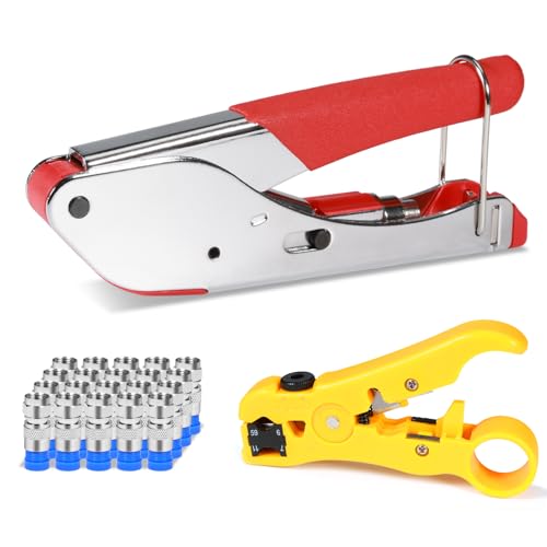 Hiija Coax Cable Crimper Kit Coaxial Cable Rg6 Compression Tool Kit with 20PCS F RG6 Connectors, Wire Coax Cable Stripper Tool