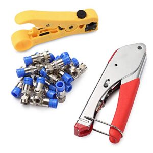 Hiija Coax Cable Crimper Kit Coaxial Cable Rg6 Compression Tool Kit with 20PCS F RG6 Connectors, Wire Coax Cable Stripper Tool