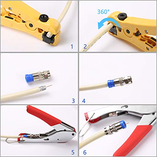 Hiija Coax Cable Crimper Kit Coaxial Cable Rg6 Compression Tool Kit with 20PCS F RG6 Connectors, Wire Coax Cable Stripper Tool