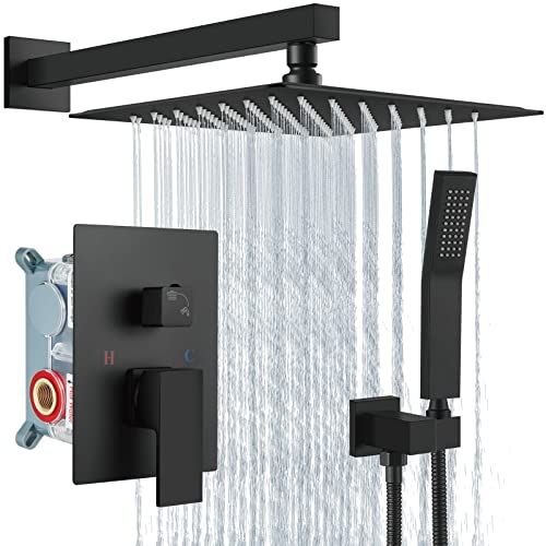 Aolemi Matte Black 10 Inch Rainfall Shower System Shower Head Combo Set with Handheld Shower Rough-In Valve Included Bathroom Shower Wall Mount Mixer Faucet