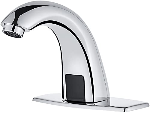 Luxice Automatic Touchless Bathroom Sink Faucet with Hole Cover Plate, AC/DC Powered Sensor Hands Free Bathroom Tap with Control Box and Temperature Mixer, Battery or Plug-in Sensor, Chrome Finished