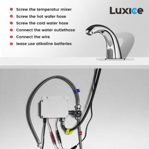 Luxice Automatic Touchless Bathroom Sink Faucet with Hole Cover Plate, AC/DC Powered Sensor Hands Free Bathroom Tap with Control Box and Temperature Mixer, Battery or Plug-in Sensor, Chrome Finished