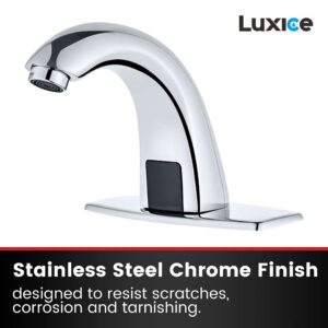 Luxice Automatic Touchless Bathroom Sink Faucet with Hole Cover Plate, AC/DC Powered Sensor Hands Free Bathroom Tap with Control Box and Temperature Mixer, Battery or Plug-in Sensor, Chrome Finished