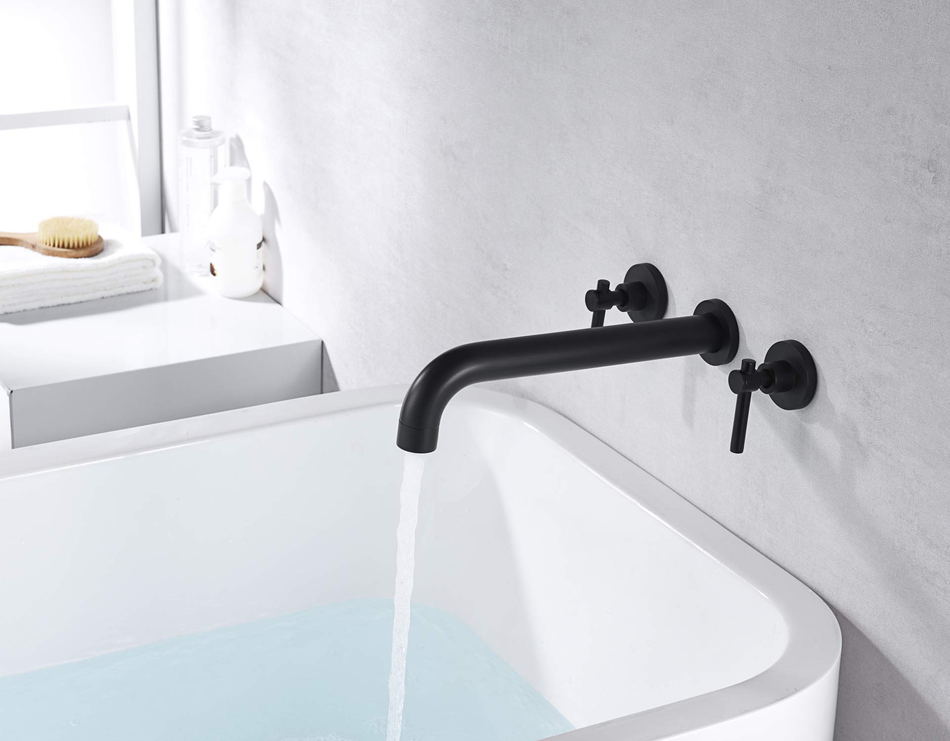 Wall Mount Tub Filler Matte Black Tub Faucet High Flow Two Handles Solid Brass, Long Spout Reach, sumerain