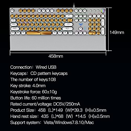 CHICHEN Mechanical Gaming Keyboard,BlueSwitches,USB Wired,Retro Steampunk Typewriter,Round Keycaps,for Game and Office,for Laptop Desktop Computer PC (Bkack-Blue switches)