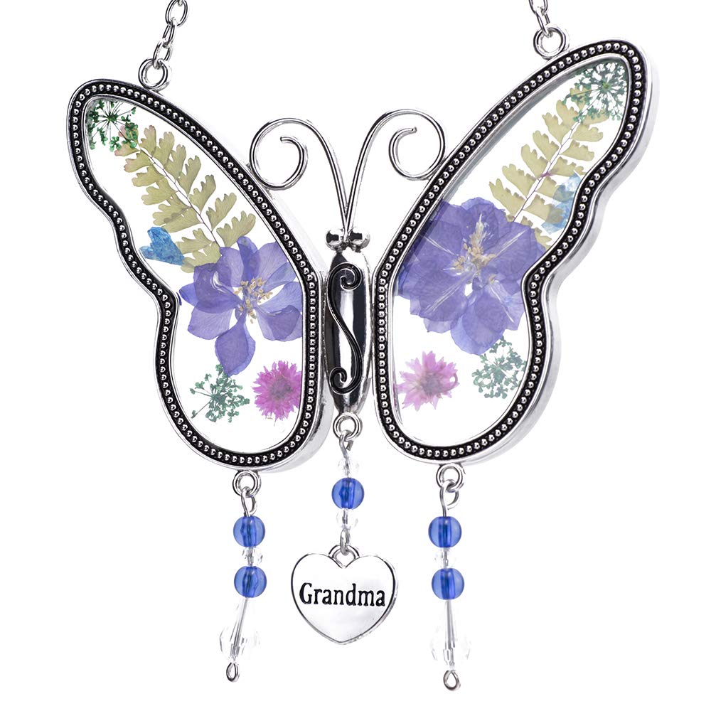 Laraine Butterfly Suncatcher with Pressed Colourful Flower Wings Mom Mother's Day Butterfly Glass Wind Chime Ornament Charm with Metal Heart Gifts for Mom Grandma Birthday (Purple Grandma)